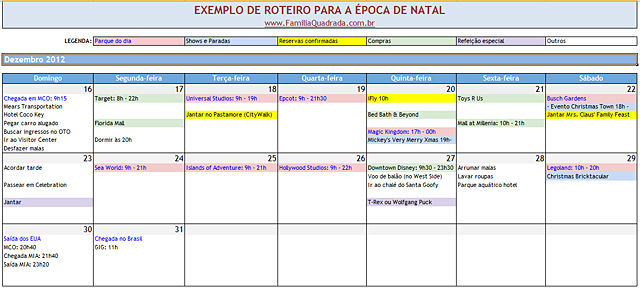 Roteiro para Orlando em forma de calendário — Família Quadrada